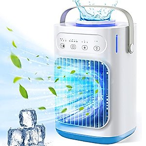 Portable Air Conditioners, Mini Air Conditioner Portable for Room with 3 Speeds, 7 Colors LED Light, 2 Spray Humidity Personal Evaporative Cooler, 1-8H Timer Cooling Fan for Room, Office, Outdoor