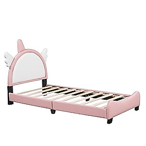 Epinki Cute Twin Size Upholstered Bed with Headboard, Platform Bed with Headboard and Footboard, White Pink, Kids Bed