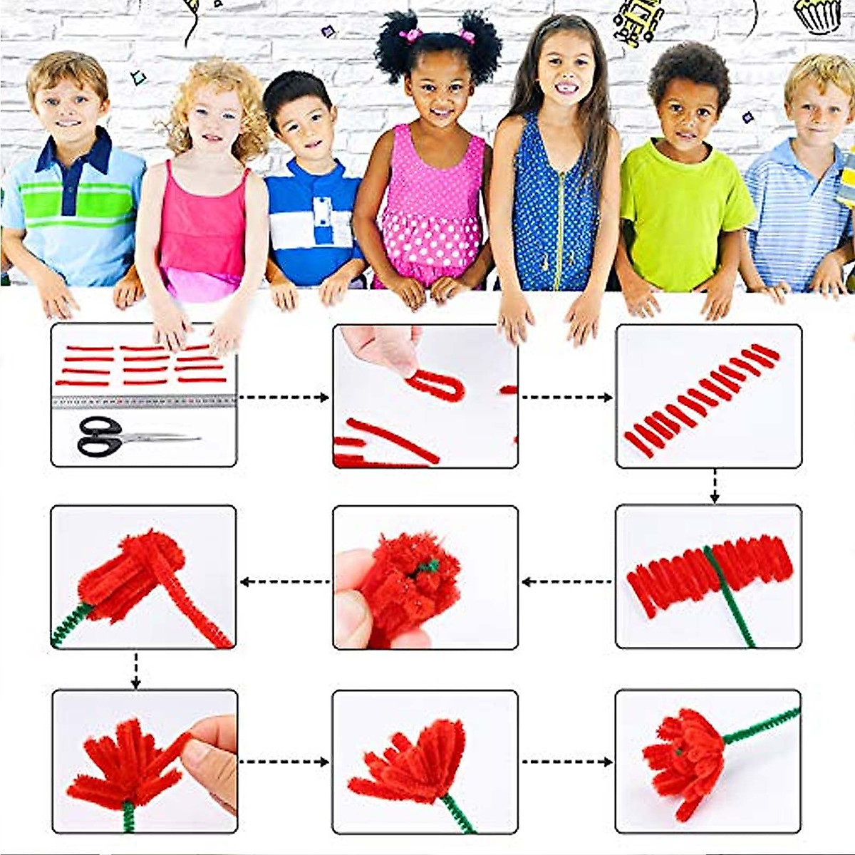 Caydo 100PCS Pipe Cleaners in 10 Colors, Multi-Color Chenille Stems Craft Supplies for Creative DIY Art and Crafts Decorations (6 mm x 12 Inch)