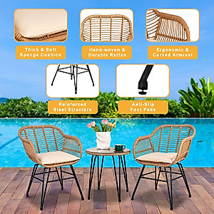 3 Piece Outdoor Wicker Conversation Bistro Set, All-Weather Outdoor Patio Furniture w/Table and Cushions, Porch Furniture Rattan Patio Set for Poolside Garden Backyard, Yellow/Beige