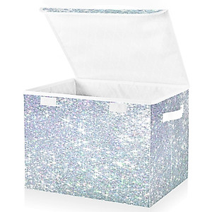 Ollabaky Sparkling Glitter Larger Collapsible Storage Bin Fabric Decorative Storage Box Cube Organizer Container Baskets with Lid Handles for Closet Organization, Shelves