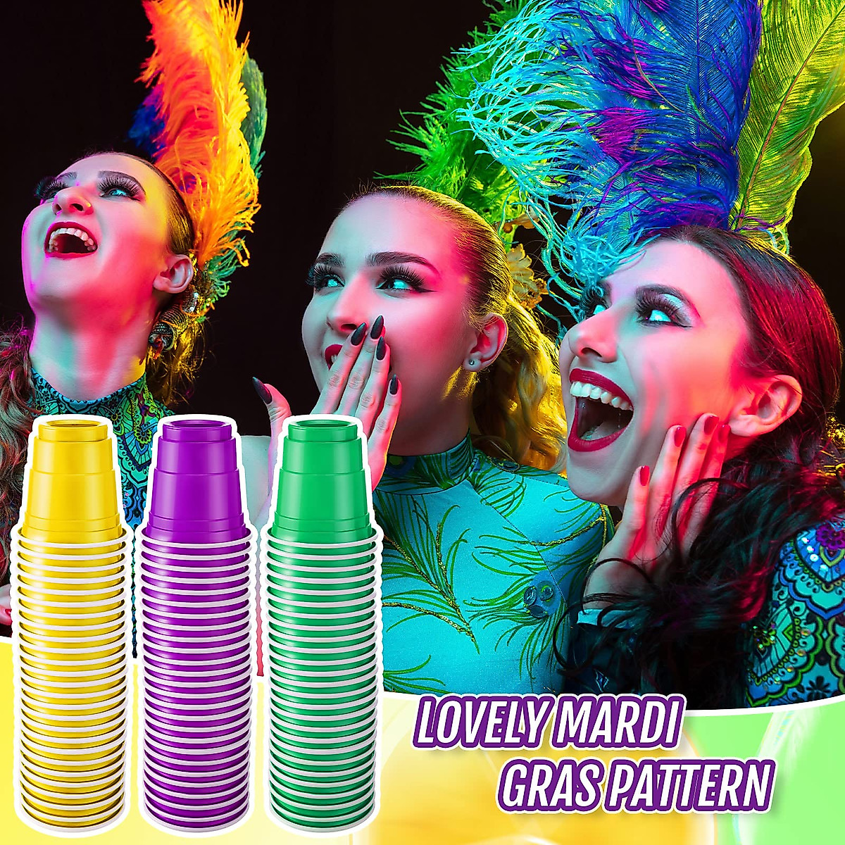 Meanplan 150 Pcs Mardi Gras 2 oz Plastic Shot Glasses Disposable Shot Cups Mini Colorful Small Party Cups for Mardi Gras Party Drinking Tasting Serving Snacks Samples, Purple Yellow Green