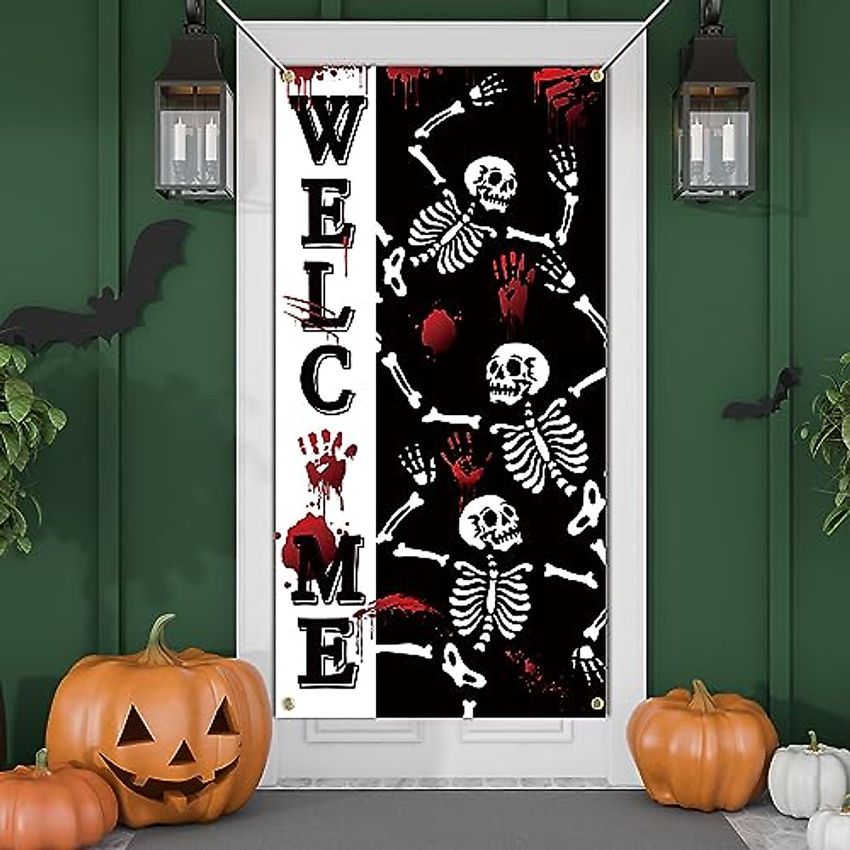 SENSEVEN Halloween Skull Door Banner, Scary Spooky Skeleton Halloween Welcome Door Cover, Day of The Dead Skeleton Halloween Holiday Porch Sign Door Decor Backdrop Banner 70.9 x 35.4 Inches