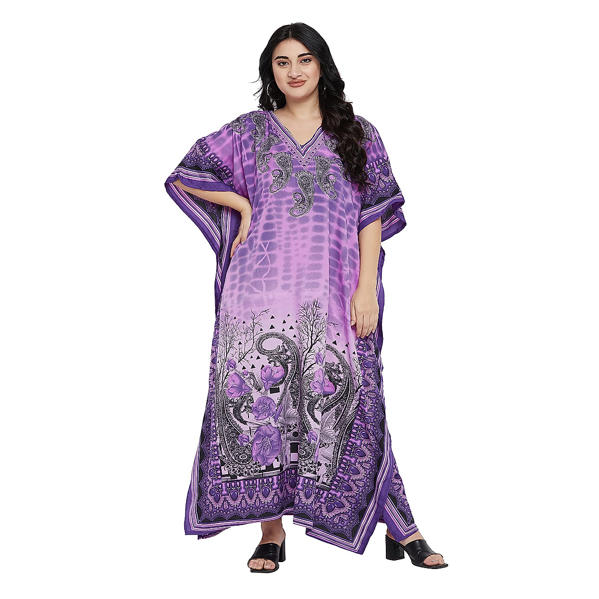 Oussum Women Plus Size Kaftans Kimono Style Polyester Dresses Loose Caftan Dress Ladies Evening Casual Long Maxi (Multicolor Yellow Pattern)