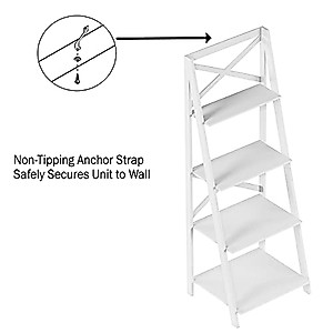 Lavish Home 4-Tier Ladder Bookshelf – Freestanding Wooden Bookcase – X-Back Frame and Leaning Look Decorative Shelves for Home and Office (White) Set of 1