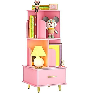 Cyclysio 360 Rotating Nightstand, 35'' Tall Pink Night Stand with Shelves, Narrow Bedside Table with Drawer, Modern Slim Nightstand for Small Space, Small High Side Table, Bedroom, Sofa Side, Pink