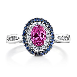 Gem Stone King 925 Sterling Silver 7X5MM Oval Gemstone Birthstone Double Halo Wedding Engagement Anniversary Promise Ring For Women | Available In Size 5, 6, 7, 8, 9