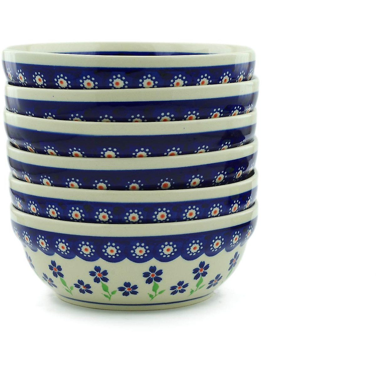 Polish Pottery bowls set of 6 (Bright Peacock Daisy Theme) + Certificate of Authenticity