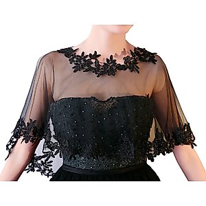 Ayliss Women Lace Wedding Shawls Wrap Bridal Embroidered Shrug Bolero Cape Shoulder Covers Up Evening Prom Party Dress (Black)