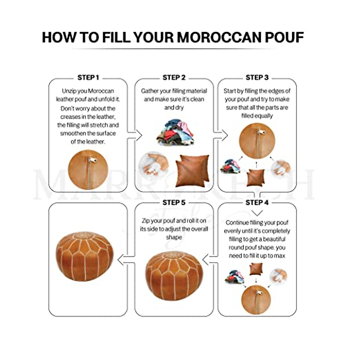 MARRAKESH STYLE Comfortable Leather Ottoman Pouf - Handmade Unstuffed Moroccan Pouf Cover - Round Pouf & Foot Rest Ottoman - Perfect for Living Rooms Bedrooms & Kids Room - Brown