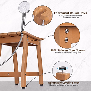 SUEH DESIGN Shower Bench, HIPS Shower Chair Waterproof Shower Stool for Inside Shower Spa, Shower Seat for Adults Elderly Indoor Outdoor, Teak