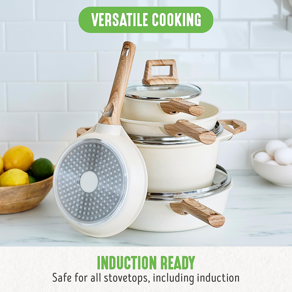 GreenLife Arte 8 Piece Ceramic Nonstick Cookware Pots and Pans Set, Induction Suitable, PFOA & PFAS Free, Wood Print Handles, Glass Lids, Stock Saucepans & Frying Pans, Dishwasher Safe, Speckled Cream