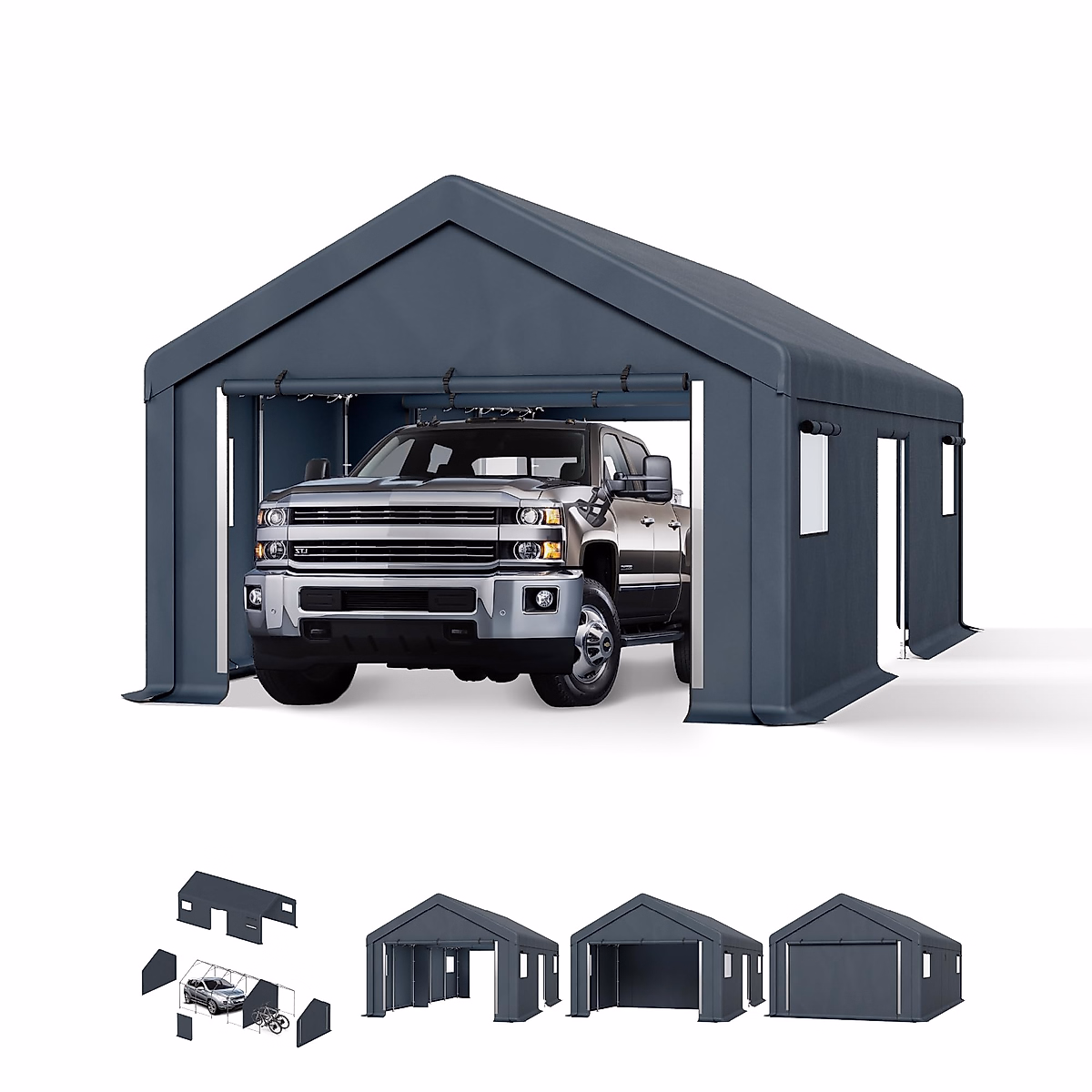 PHI VILLA 13'x24'x9.6' Outdoor Portable Storage Shelter Shed Garage with Roll up Zipper Doors & Vents Carport for Motorcycle Waterproof and UV Resistant Anti-Snow Portable Garage Kit Tent, Gray