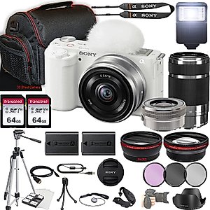 Sony ZV-E10 Mirrorless Camera (White) w/E PZ 16-50mm f/3.5-5.6 OSS Lens + E 55-210mm f/4.5-6.3 OSS Lens + 2X 64GB Memory + Case + Filters + Tripod & More (35pc Bundle) (Renewed)