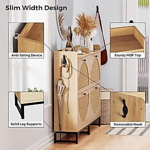 KFO Shoe Cabinet with 2 Handmade Natural Rattan Flip Drawers, Entryway Shoe Rack Storage Organizer for Sneakers, Leather Shoes, Slippers, Free Standing Shoe Racks……