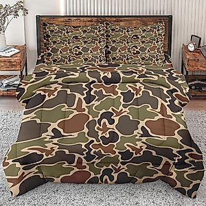 SUMIANYH 7Pcs Comforter Set Queen Size, Duck Hunter Green Camouflage Hunting, Bedroom Decor Black Brown Camo Army Colorful Bedding for Kids and Adults with Bed Flat Fitted Sheet Pillowcases