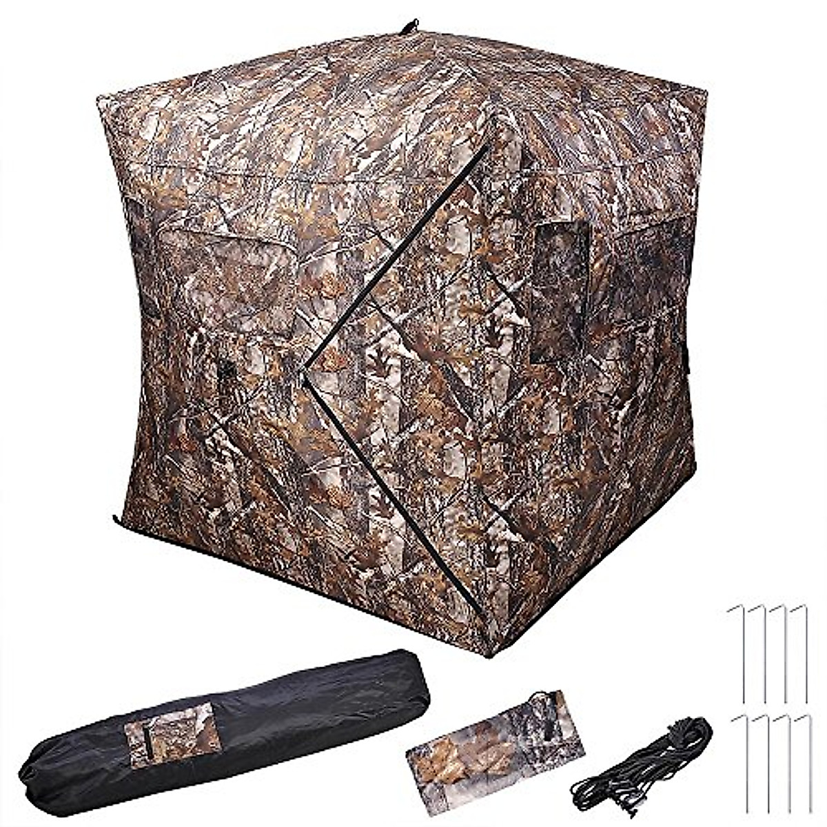 AW Hunting Blind Tent w/Carrying Bag, 2 Person 150D Degree See Through Ground Blinds Portable 58x58x65 Deer Blind Windproof Waterproof, for Deer Hunting Outdoor Sport Shooting Turkey Hunting