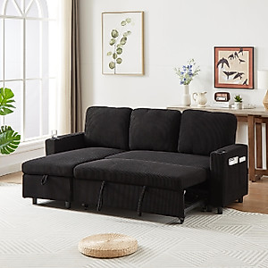 lunhung 78 inch L-Shaped Sofa,Convertible Combo Sofa Bed with Pull-Out Bed, Corduroy Reversible Sleeper Sectional Sofa with Side Pockets and Cup Holders,Furniture Set for Living Room (Corduroy-Black)