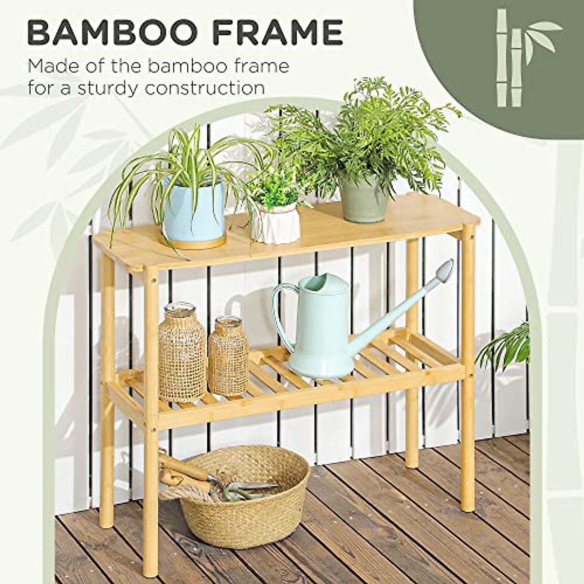 HOMCOM Bamboo Shelf, 2-Tier Multifunctional Storage Shelf, Plant Flower Stand for The Bathroom, Kitchen, and Living Room Storage, Natural