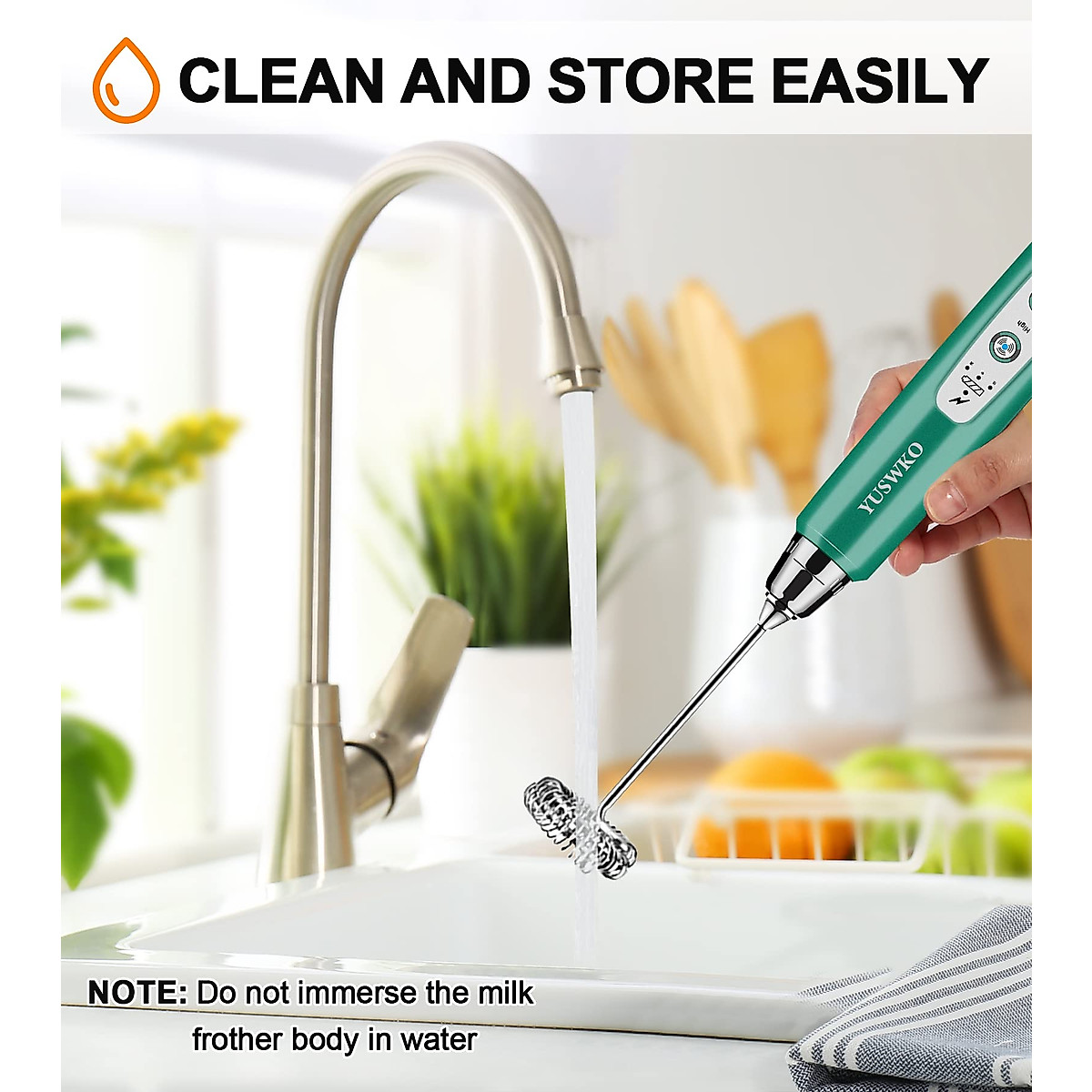 YUSWKO Milk Frother Handheld with 3 Heads, Coffee Whisk Foam Mixer with USB Rechargeable 3 Speeds, Electric Mini Hand Hand Frother for Latte, Cappuccino, Hot Chocolate, Egg - Green