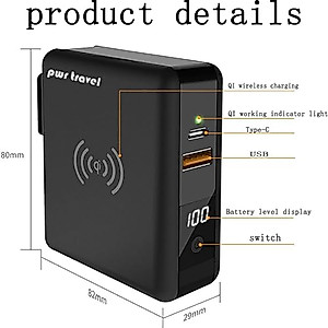 Pwr Travel - 5 in 1 Power Bank International, 10000mAh Portable Wireless Charger Bank with AC Wall Plug & Built-in Cables, Built-in Type-C and Lighting USB Cable 4 Output and 2 Input