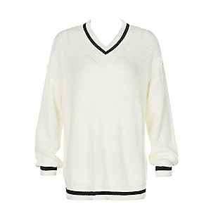 Women Color Block Sweater, Loose Knitted Long Sleeve V-Neck Warm Wool Pullover Sweater Tops (White, L)