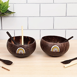 Coconut Bowls Set of 2 – Rainbow Design Wooden Bowls With Bamboo Straws, Wooden Forks & 2 Spoons – Natural Hand Carved Coconut Shell Bowl… (2, Rainbow)