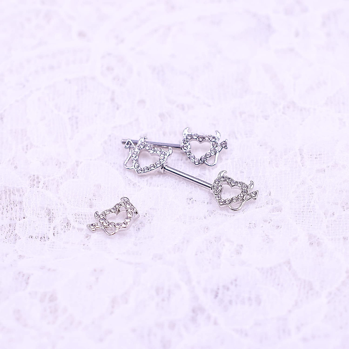 BODY16G CZCZ 2 Pairs 14G Heart Nipple Ring 316L Surgical Steel Nipple Barbell Demon Nipple Rings Body Piercing Jewelry CZ Inlay Nipple Piercing Retainer for Women Men