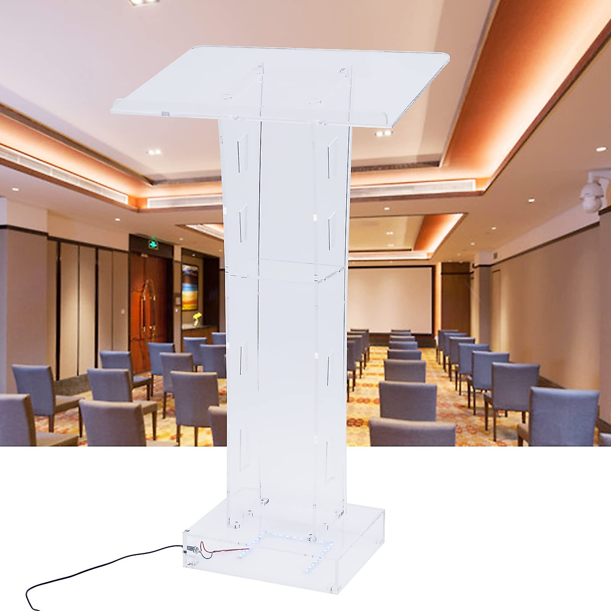 Gbonklong 110V LED Conference Pulpit Platform, Clear Acrylic Podium Speech Church Lectern Glass Transparent Lectern for Churches, Schools, Hotels, Conferences