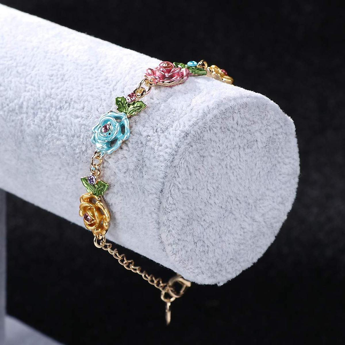 Puadun Elegant Cloisonne Flower and Leaf Bangle Bracelet with Sparkling Rhinestone Charm and Adjustable Extension Chain - Gift for Women, Comes in Gift Box