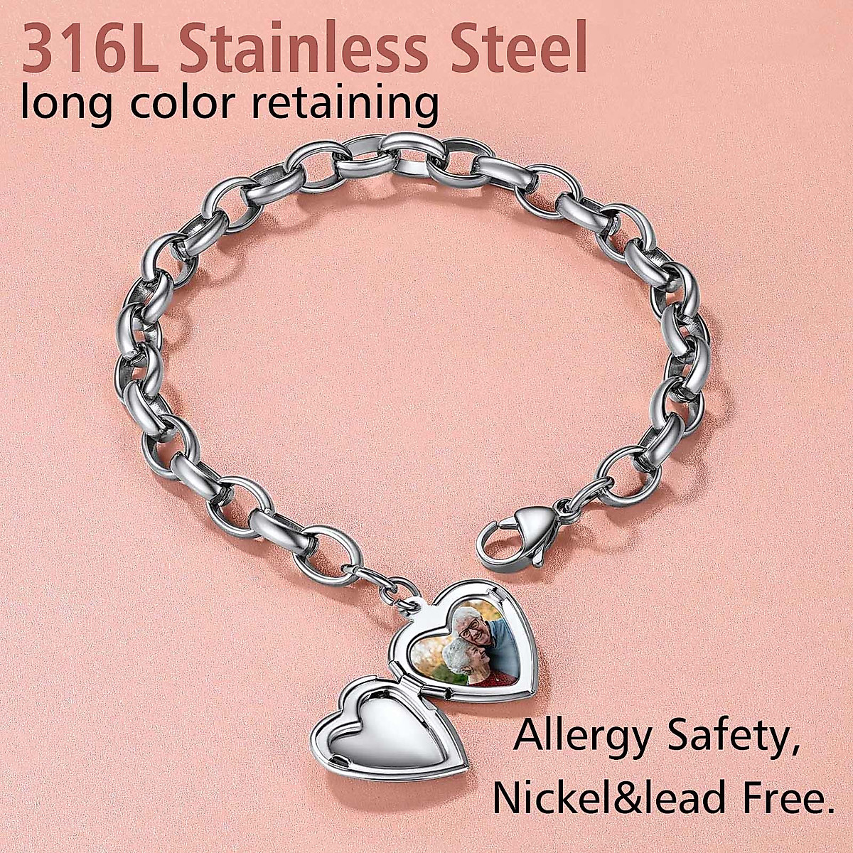FindChic Customized Heart Locket Bracelet for Women with Picture Women Stainless Steel Mother Bracelets Adjustable Photo Printing Chunky Cable Chain Bracelet Best Friends Jewelry