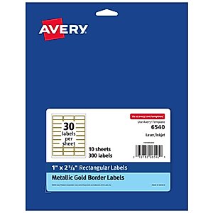 Avery Printable Address Labels, 1" x 2-5/8", Matte White with Metallic Gold Borders, 300 Blank Mailing Labels (06540)