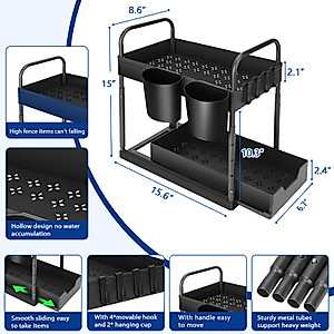 Under Sink Organizers and Storage, Adjustable Height Sliding Under Bathroom Cabinet Storage Organizer, 2 Tier Under Kitchen Sink Organizer with 4 Hooks, 4 Hanging Cup for Bathroom, Kitchen (Black)
