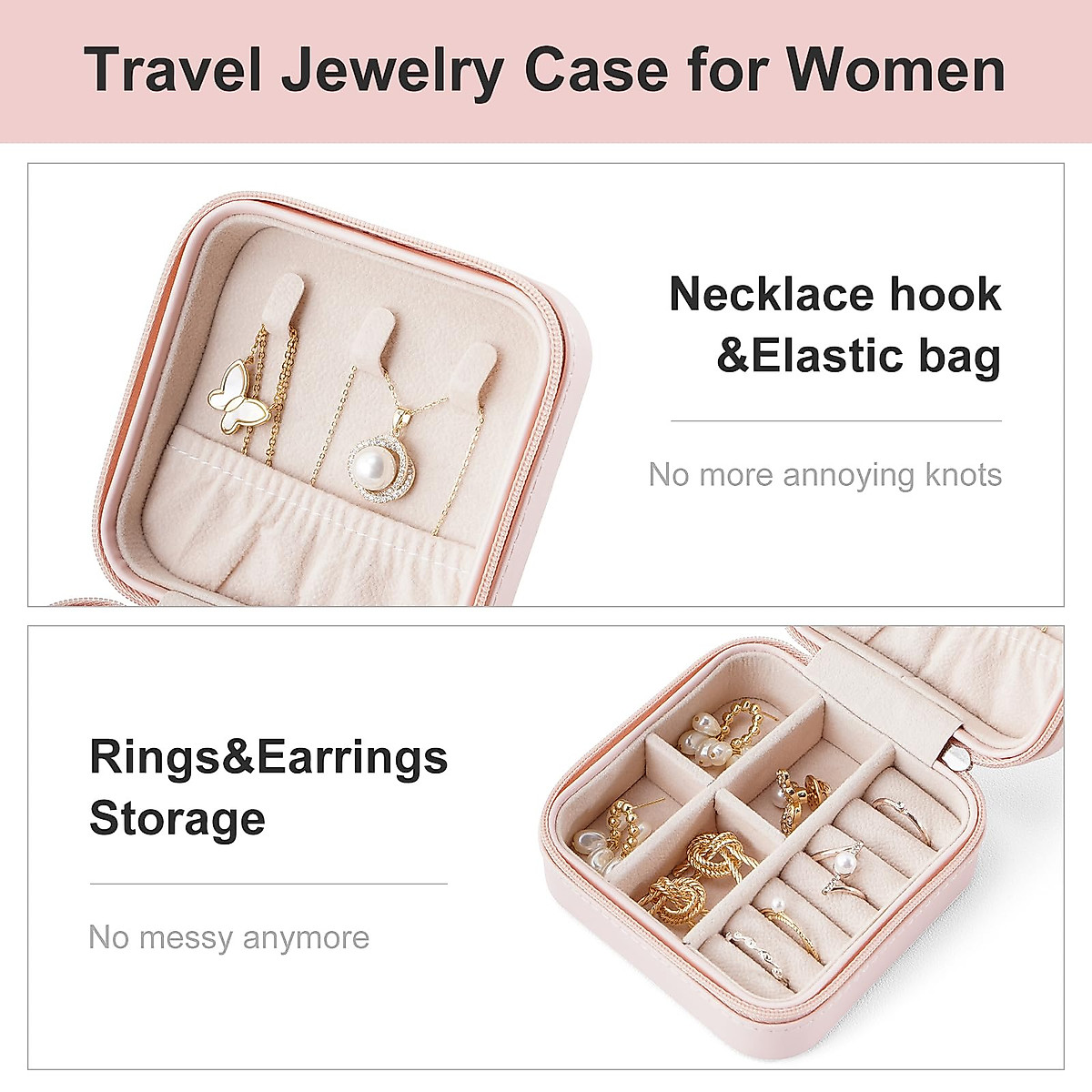 CASEGRACE Travel Jewelry Case Small Jewelry Box for Earrings Rings Necklace Travel Essential Accessories Back to School Portable Jewelry Case for Girls Bridesmaid Gifts Birthday Gift for Women, L