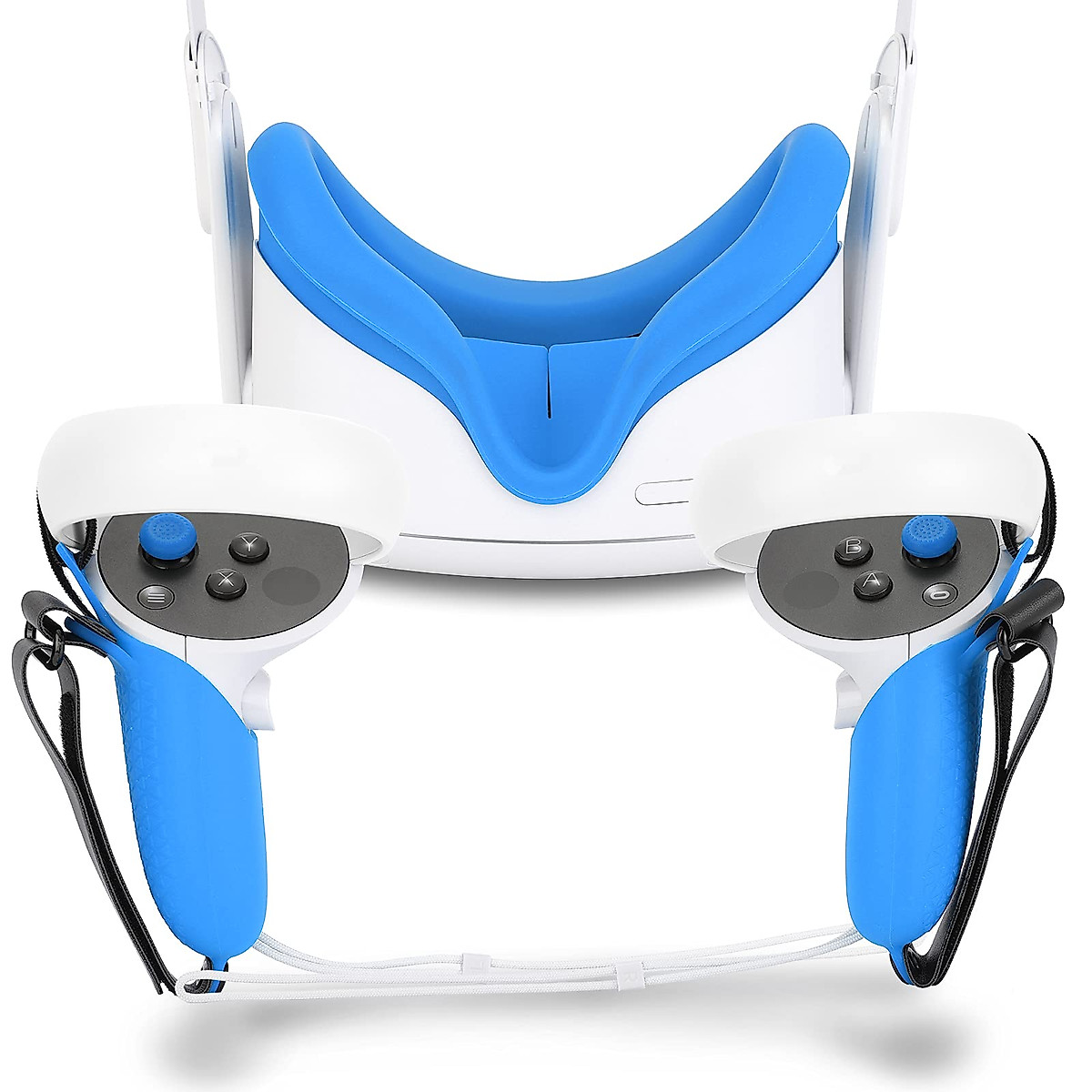 Face Cover & Controller Grip Protective Sleeve for Oculus Quest 2 Light Proof Silicone Face Pad Cushion Anti Collision Handle Cover Shell w/Adjustable Wrist Knuckle Strap No Signal Block (Blue)