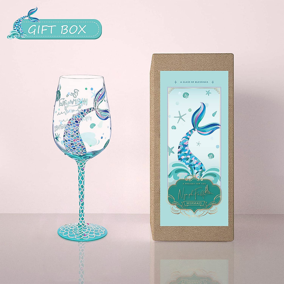 NymphFable Hand-painted Wine Glass Mermaid Sayings Artisan Painted 15oz Personalised Gift for Girls Women