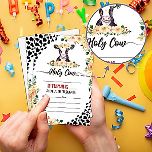 Cow Birthday Party Invitation, Barn Animals Themed Fill-In Invites for Friends, 20 Floral Invitations With Envelopes (4" X 6"), Adults Farm Party Favors Decorations and Supplies -40
