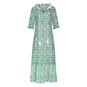 Cnebo New Women's Medium and Long Sleeve Dress with Tassels Wide Bohemian Print V Neck Length Sexy Maxi Dresses for Women 2023 Green