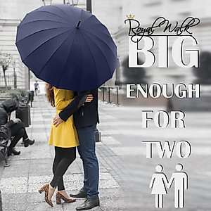 Royal Walk Large Umbrella for 2 Persons, Navy Blue, 54 Inch, Windproof, Auto Open, Wooden Handle, Drying, Strong 16 Ribs, Travel 120cm