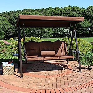 Sunnydaze 3-Person Steel Patio Swing Bench with Adjustable Tilt Canopy - Cushions and Pillow Included - Brown