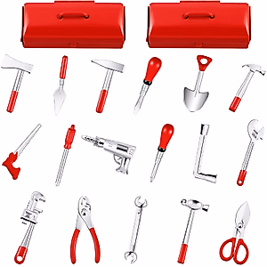 19 Pieces 1:12 Miniature Dollhouse Tools Metal Doll House Tool Miniature Doll Repair Tool with 2 Pieces Red Tin Boxes Dollhouse Accessories Girls Pretend Play Toy for Dollhouse Decoration DIY Crafts