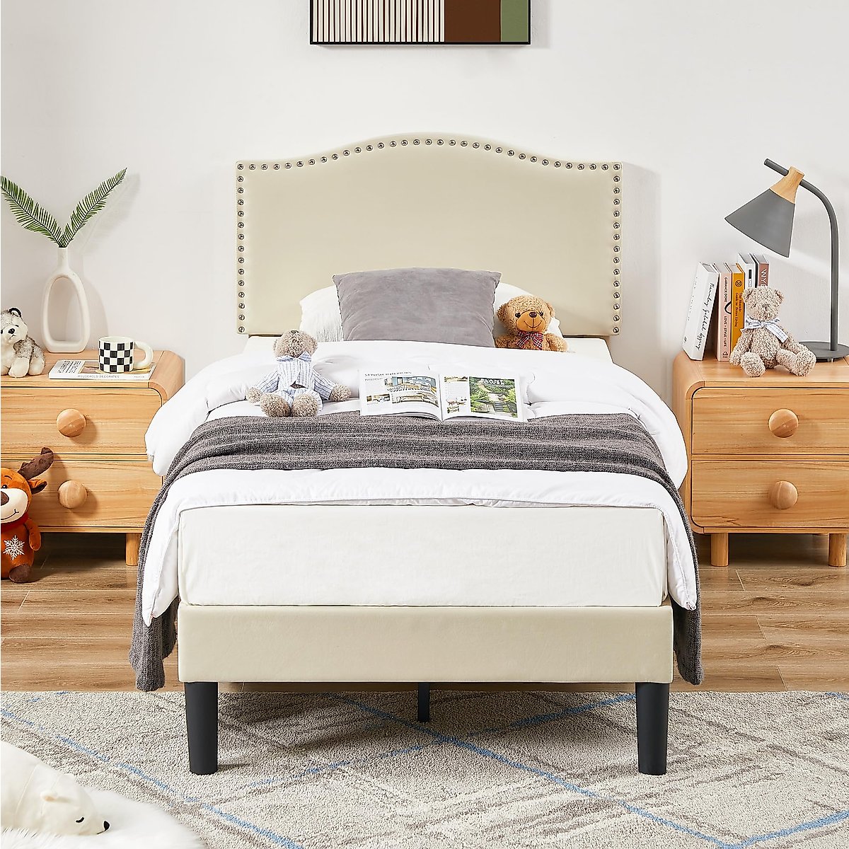 VECELO Twin Bed Frame Platform Bed Frame with Upholstered Headboard, Strong Frame and Wooden Slats Support, Strong Weight Capacity, Non-Slip and Noise-Free, Easy Assembly,Beige