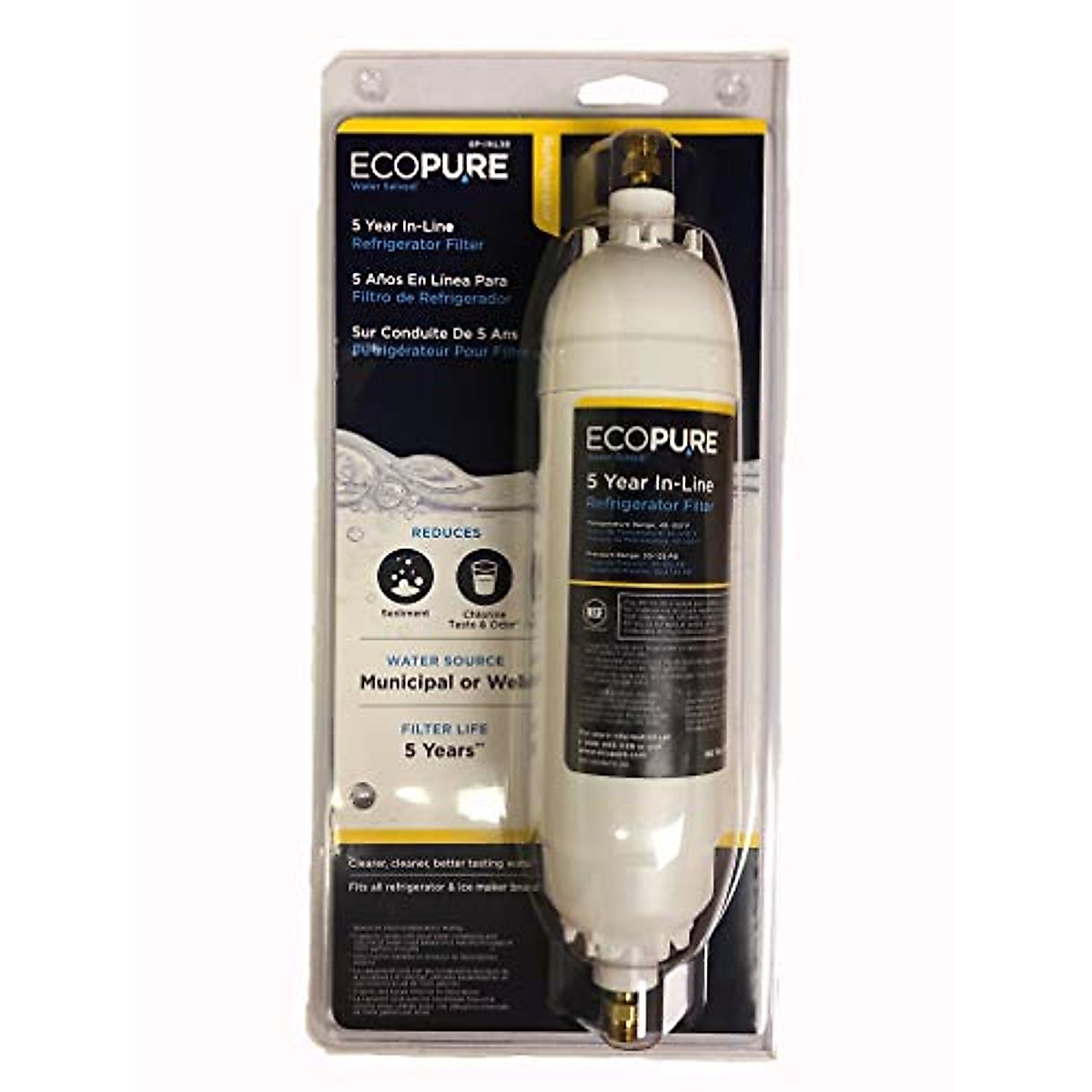 EcoPure EPINL30 5 Year in-Line Refrigerator Filter-Universal Includes Both 1/4" Compression and Push to Connect Fittings , White