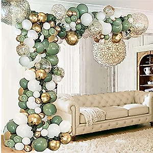 OKAKA 150pcs Olive Green Balloon Garland Arch Kit, Gold Confetti Balloons Sage Green Balloon and Gold Metallic Chrome Latex Balloons Set Wedding Birthday Balloons Baby Shower Decorations (Sage Green)