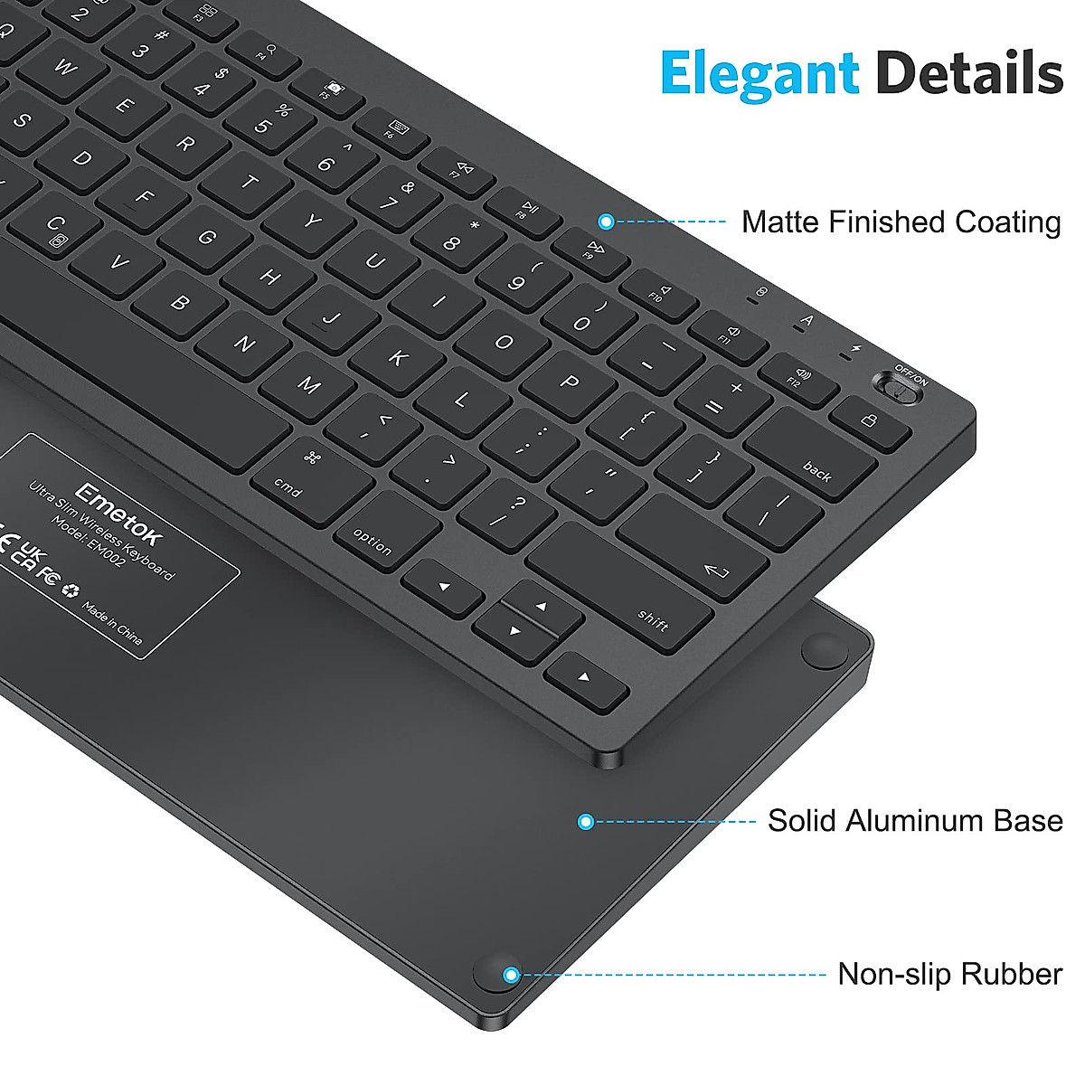 Emetok for iPad Keyboard [Aluminum Base, Big Keycap, Rechargeable], Ultra Slim Bluetooth 5.1 Keyboard for iPad 10th/9th/8th, iPad Pro 11/12.9, iPad Air/Mini/iPhone, Black
