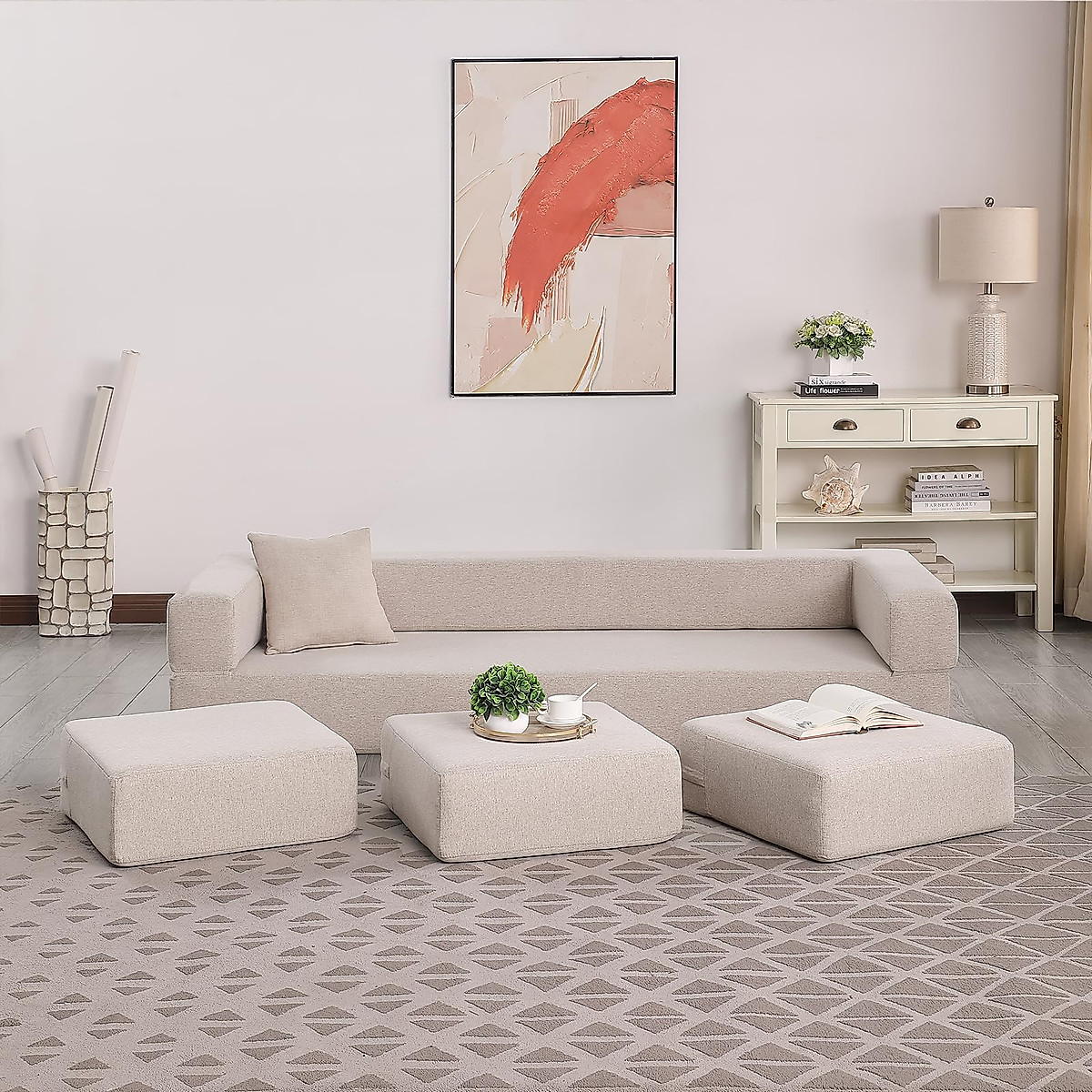 Hooxnome Folding Sofa Bed Floor Sofa Couch Foam Bed with 3 Ottoman, Linen Fabric Sofa, Multi-Function Cushioned Mattress Sleeper Simple Sofa Comfortable Couch for Living Room, Guest Bed, Futon (Beige)