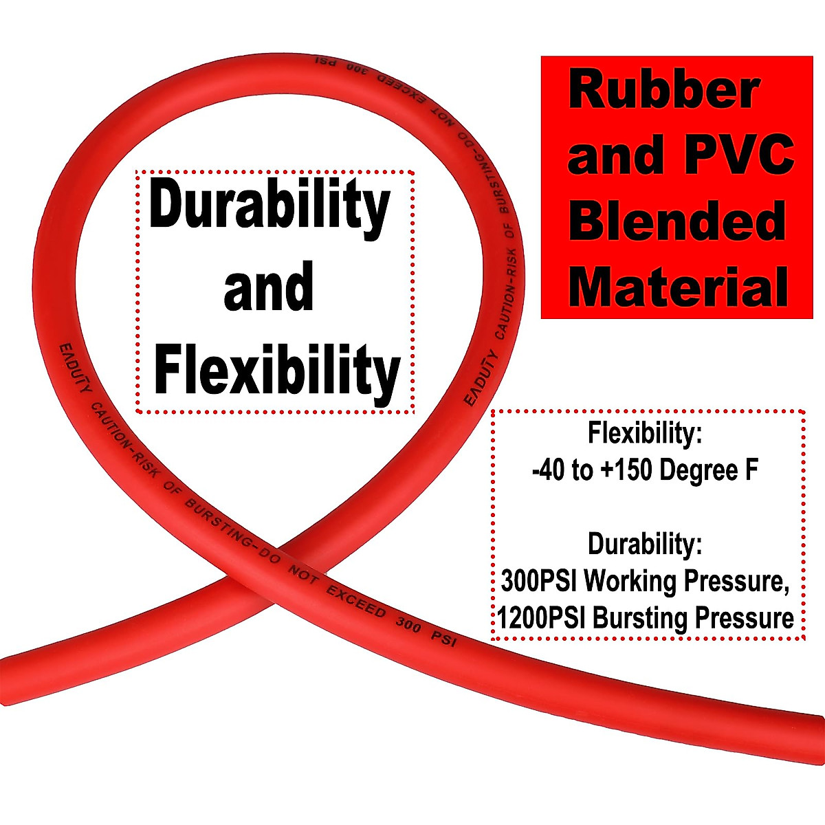 EADUTY Hybrid Air Hose 1/4 In. x 25 ft, Lightweight, Flexible, Durable Air Compressor Hose with Aluminum Universal Quick Coupler and Industrial Plug, Red