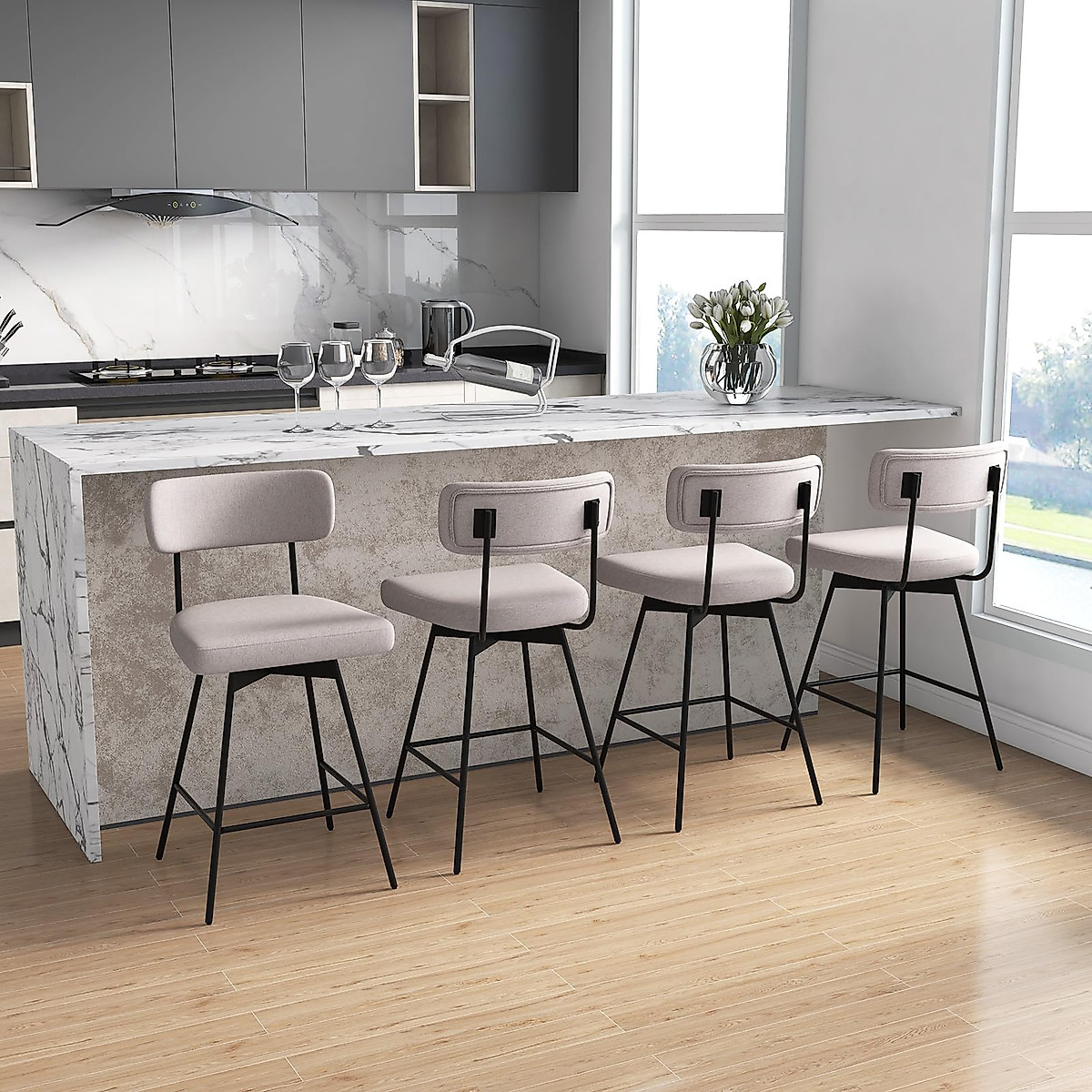 COSTWAY Bar Stools Set of 4, 25” Upholstered Counter Height Bar Stools with Back, 360° Swivel Dining Chairs with Heavy-Duty Metal Legs and Footrests, for Kitchen Island, Dining Room, Bar (4, Beige)