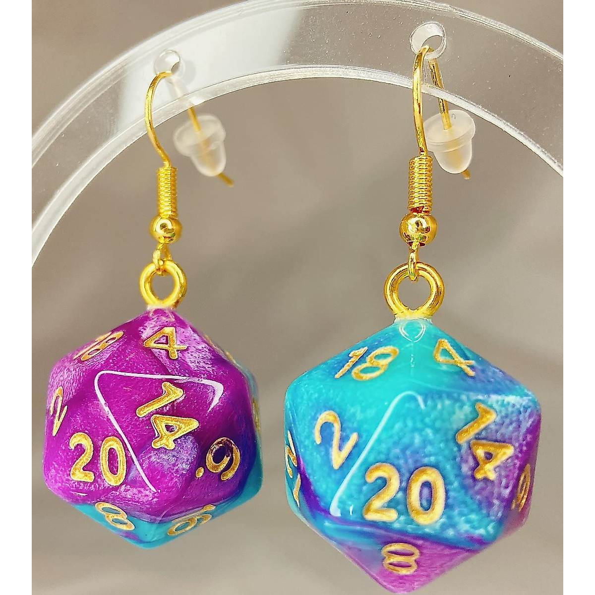 d20 20-Sided Polyhedral Dice Earrings - Hook with Earnuts (Light Blue-Purple Swirl)