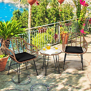 KOTEK 3 Pieces Patio Bistro Set, Outdoor Wicker Furniture Set with Glass Top Coffee Table & Seat Cushions, PE Rattan Conversation Set for Porch, Garden, Backyard, Poolside (Black)